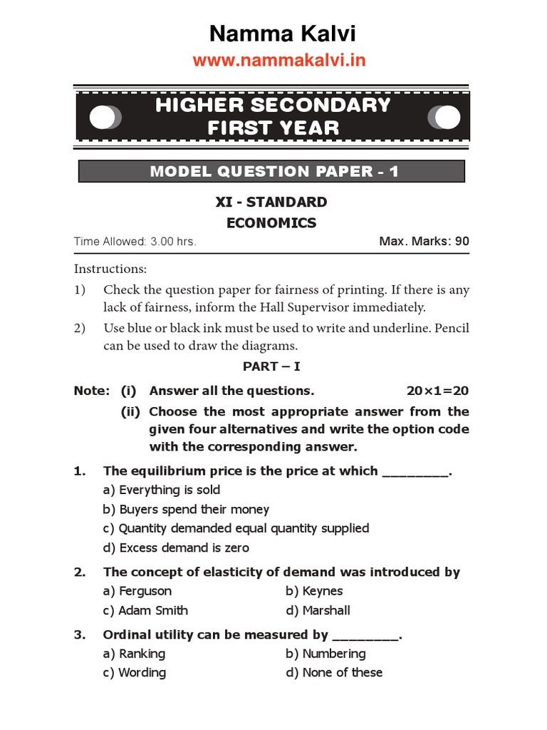 Namma Kalvi 11th Economics Model Question Papers em 2020 217209 | PDF ...