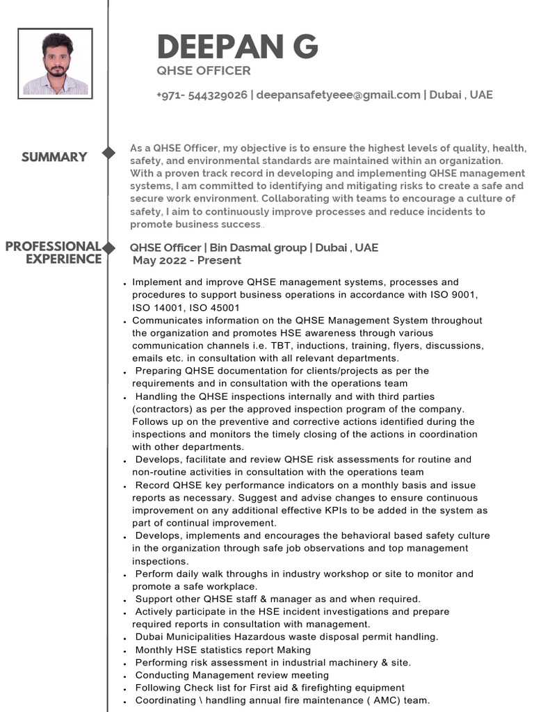 Deepan G Resum e | PDF | Occupational Safety And Health | Risk Assessment
