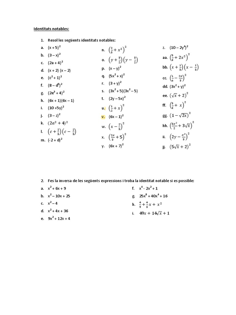 IDENTITATS NOTABLES, Exercicis | PDF