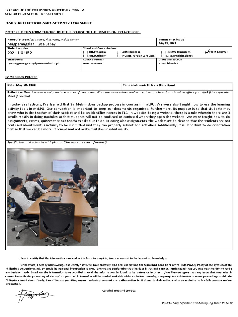 Daily Reflection Log for LPU Students | PDF | Learning | Cognition