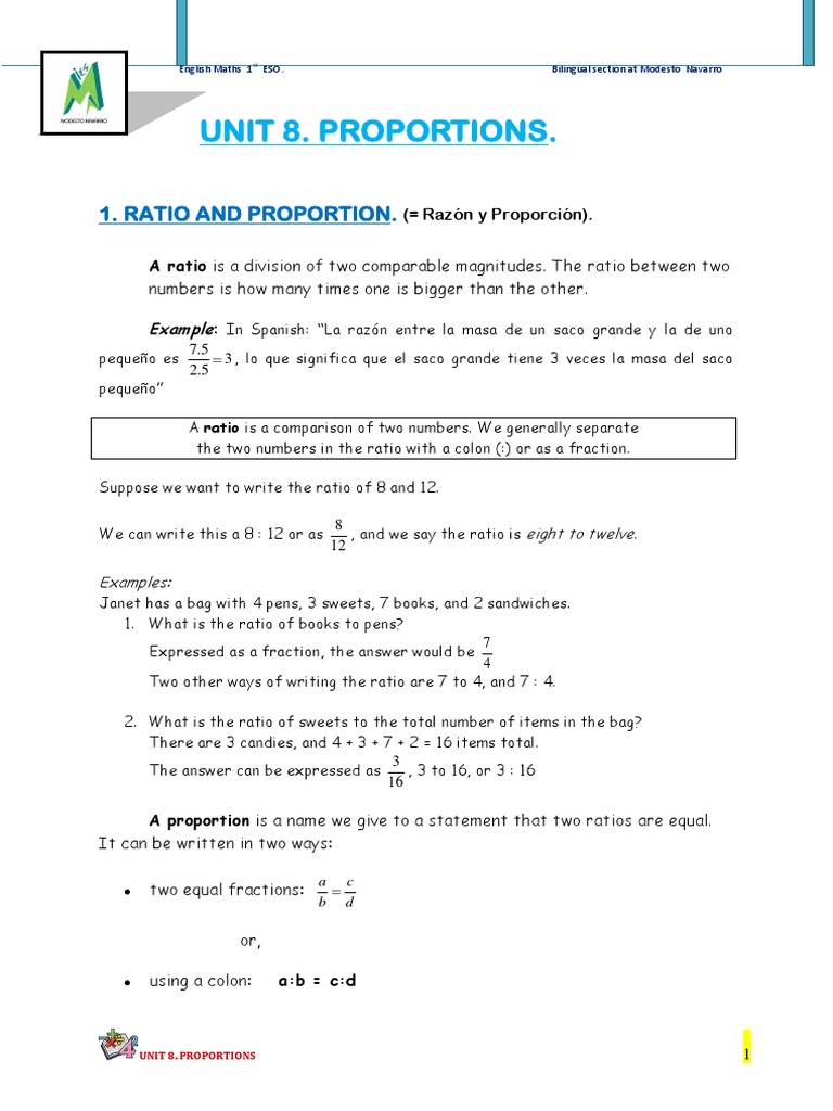 1styear Unit8 Proportions | PDF | Percentage | Ratio