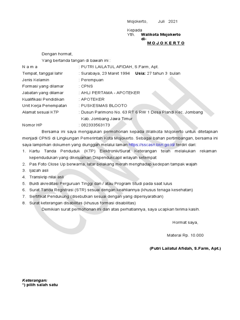 Format Surat Lamaran CASN 2021 | PDF