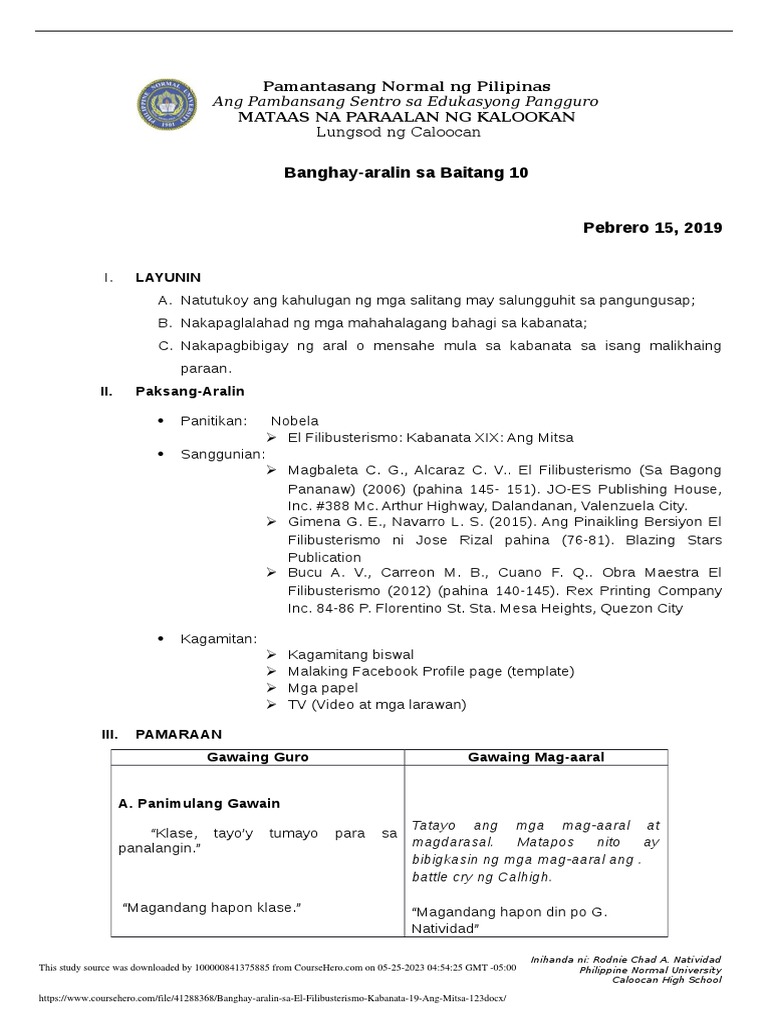 Banghay Aralin Sa El Filibusterismo Kabanata 19 Ang Mitsa 123 | PDF