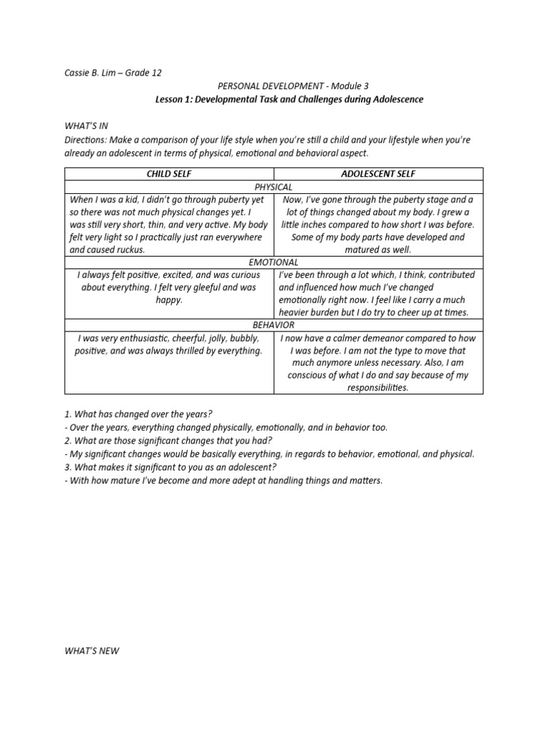 Personal Development - Cassie B. Lim - Grade 12 - Module 3 | PDF ...
