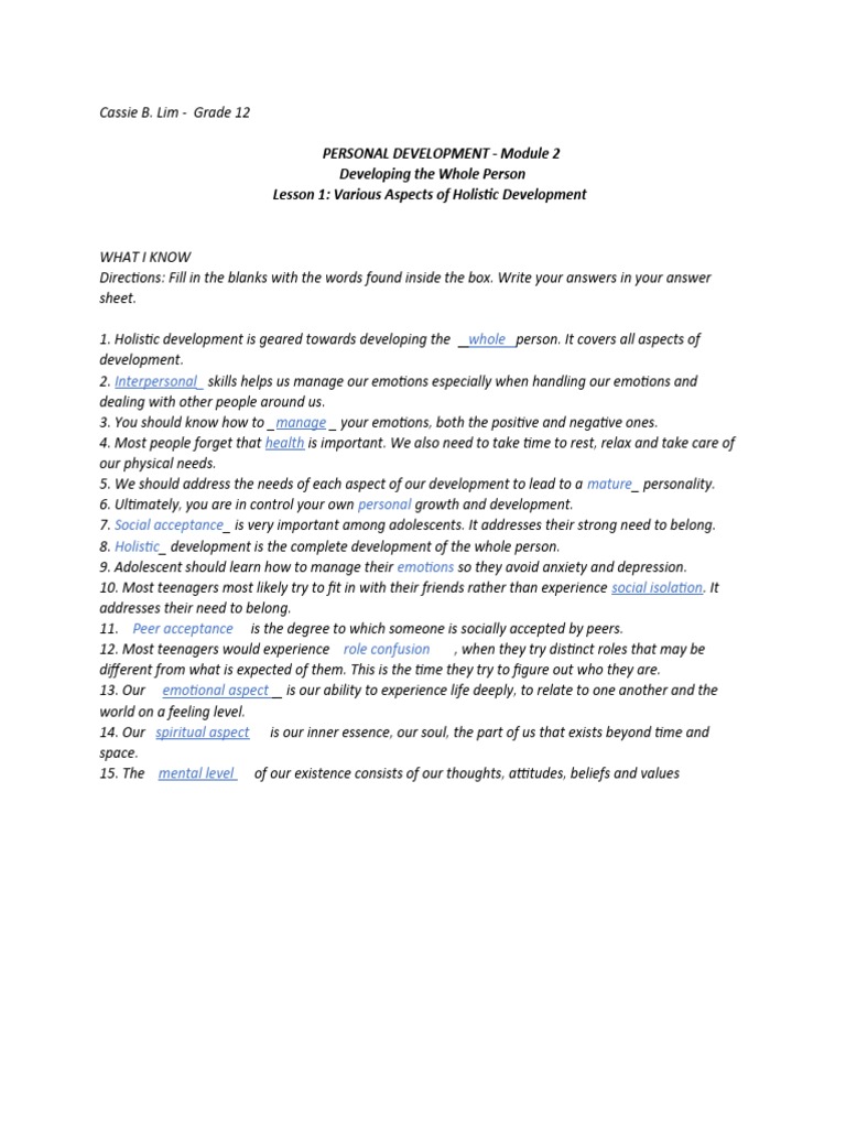 Personal Development - Cassie B. Lim - Grade 12 - Module 2 | PDF ...