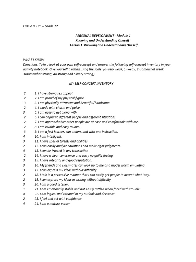Personal Development - Cassie B. Lim - Grade 12 - Module 1 | PDF