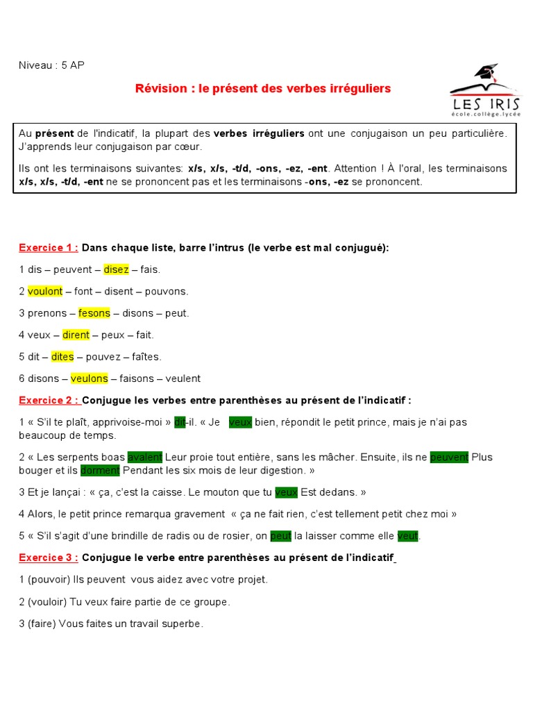 Conjugaison des verbes irréguliers au présent | PDF | Requins | Verbe