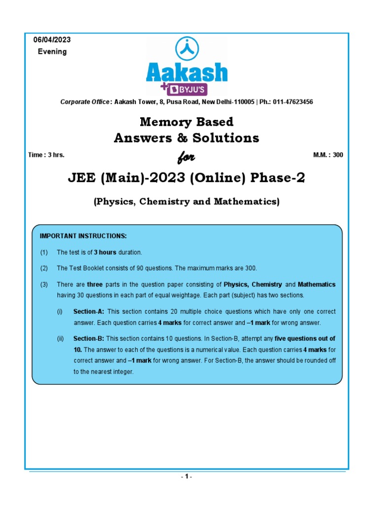 Ans & Sol - JEE (Main) - 2023 - Ph-2 - (06-04-2023) - Shift-2 - (Evening) | PDF | Dimer ...