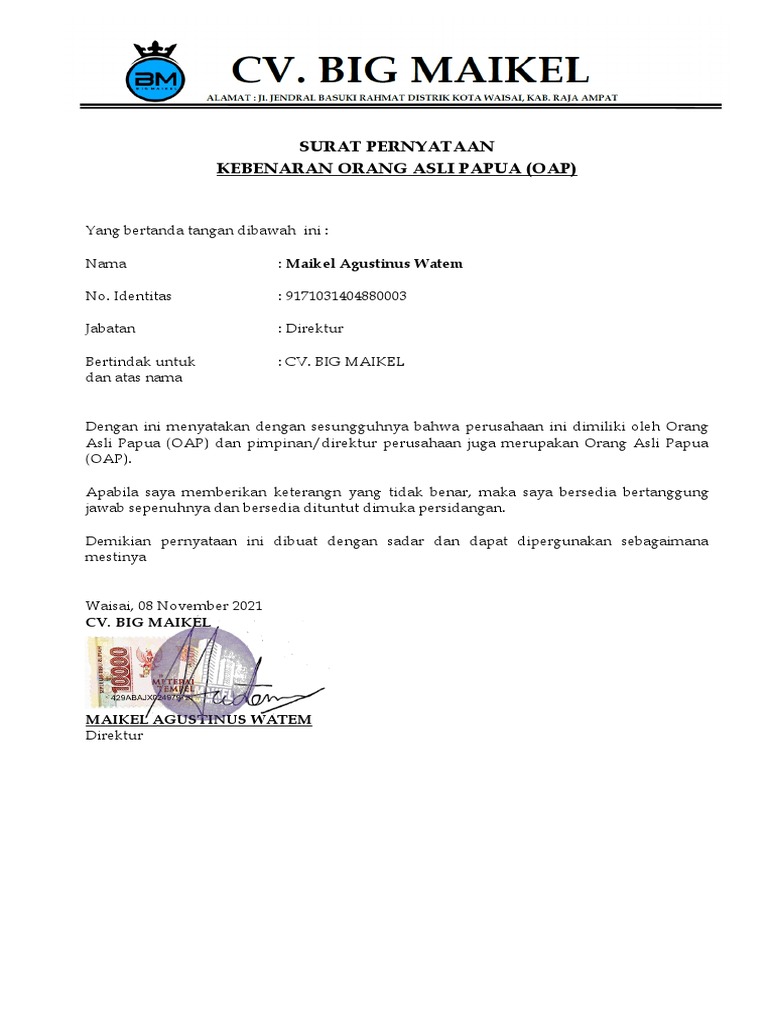 Surat Pernyataan (Oap) | PDF