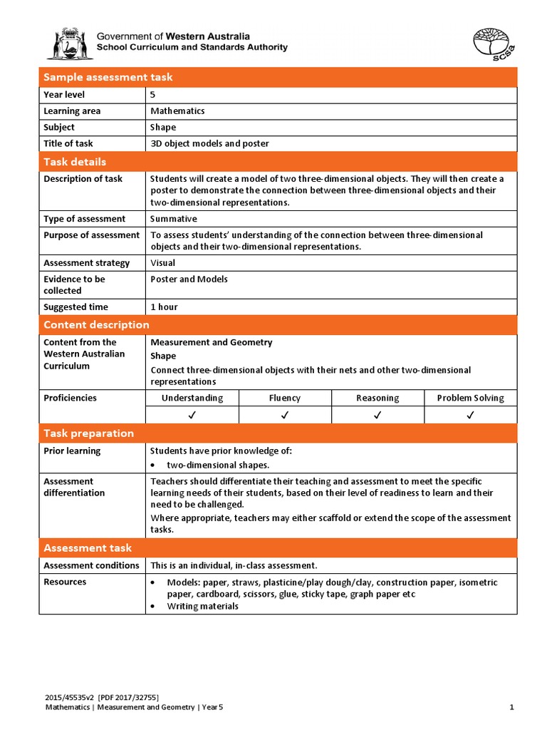 Mathematics Shape Year 5 Sample Assessment Task 3D Object Models and ...