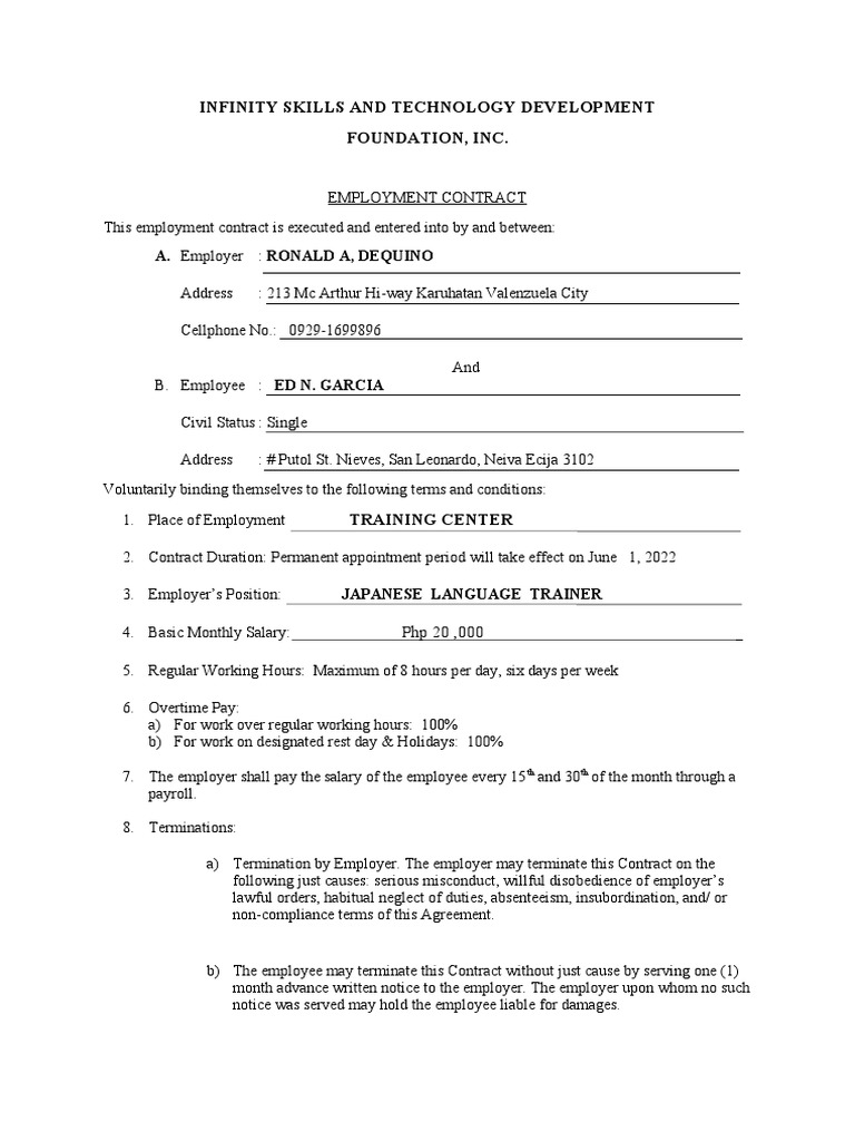 ED GARCIA Emplyment Contract of Infinity | PDF | Employment | Working Time