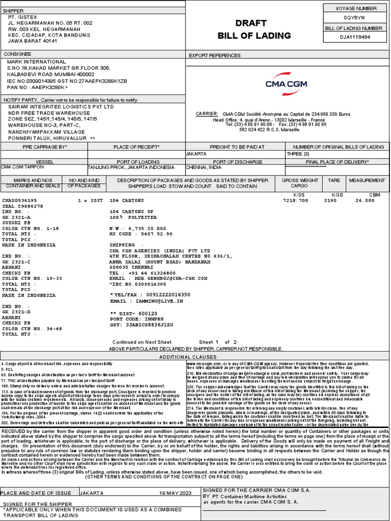 Bill of Lading Draft: Carrier | PDF | Bill Of Lading | Cargo