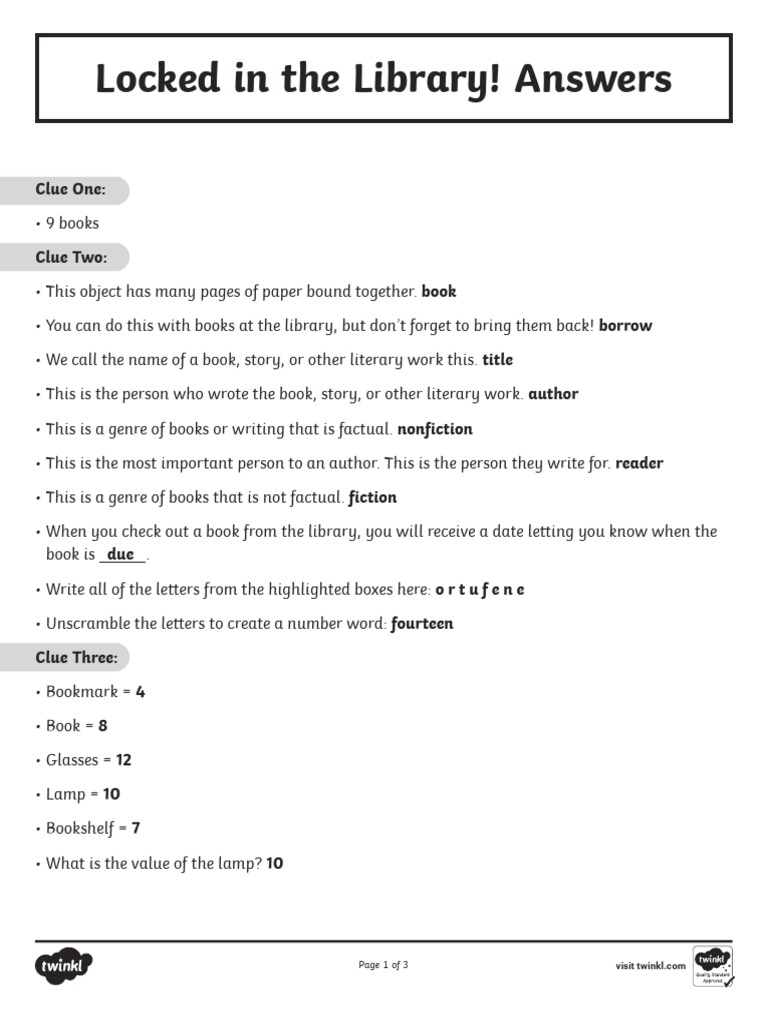 Library Escape Room Answer Key | PDF | Books | Libraries