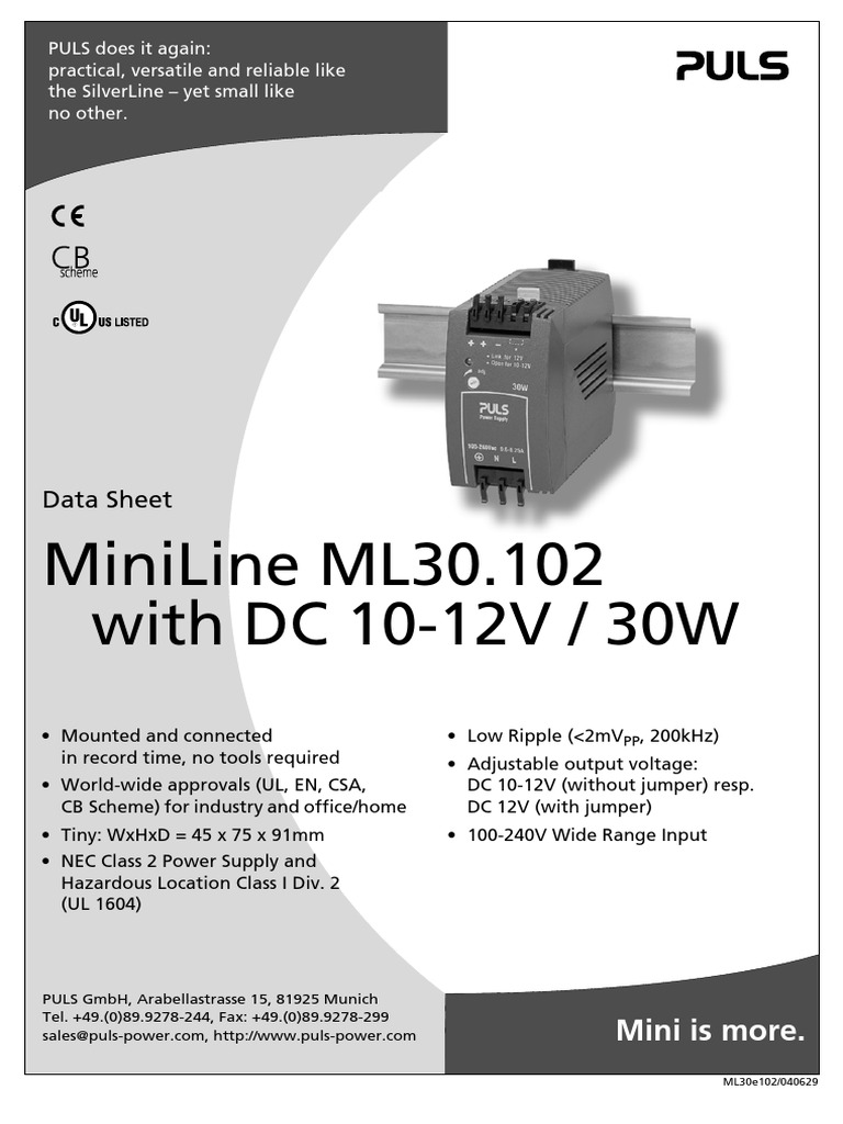 Miniline Ml30.102 With DC 10-12V / 30W: Data Sheet | PDF | Power Supply | Electricity