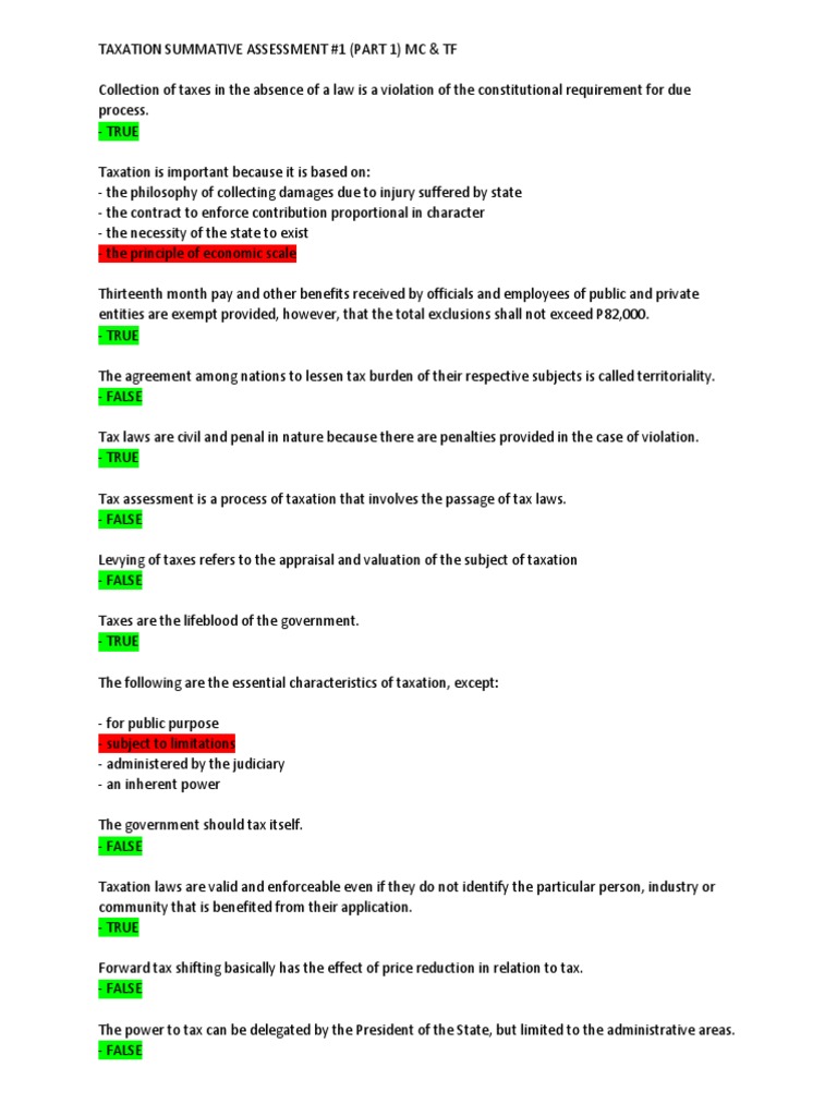 Taxation Summative Assessment 1 Part 1 MC TF | PDF | Taxes | Taxation ...