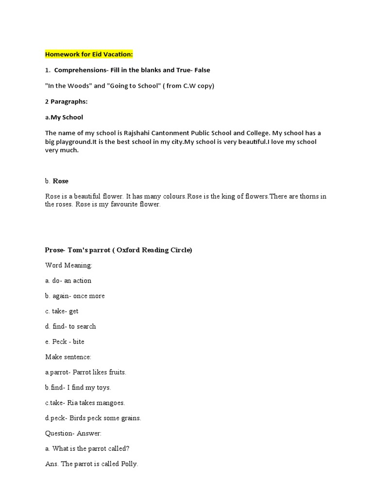 STD-1 Homework For Eid Vacation English | PDF