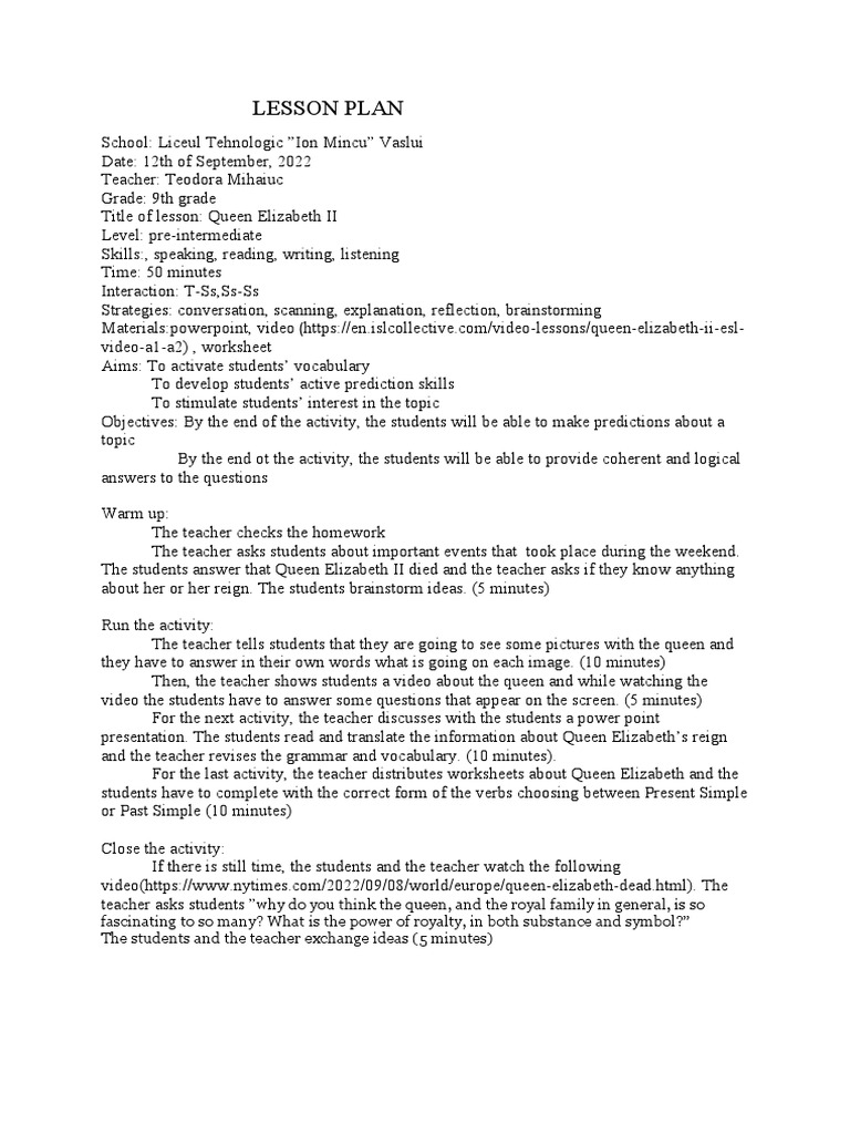 Lesson Plan: Queen Elizabeth II for ESL | PDF