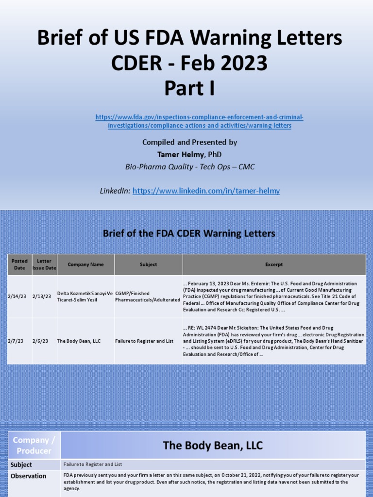 Brief of FDA CDER Warning Letters Feb 2023 Part I 1677260461 | PDF ...