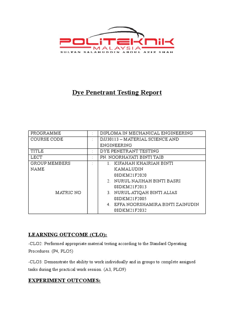 Dye Penetrant Testing Report | PDF | Building Engineering | Materials