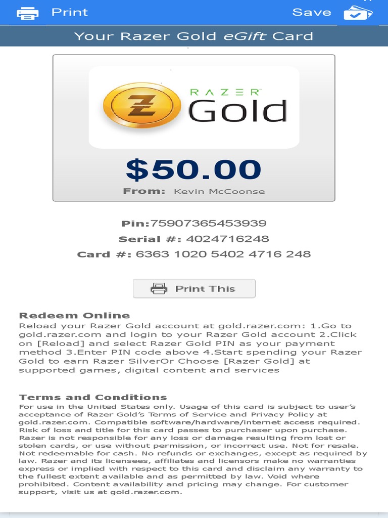 Your Razer Gold EGift Card | PDF