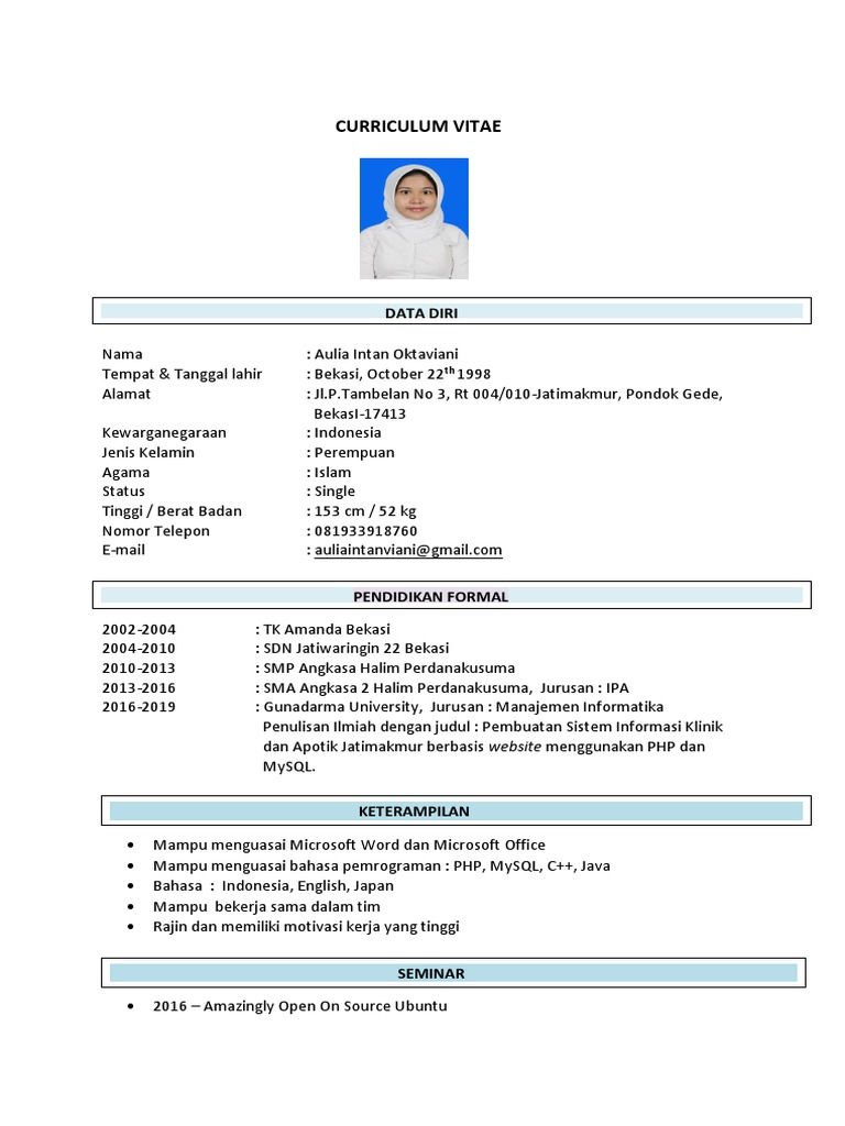 CV Aulia intan | PDF