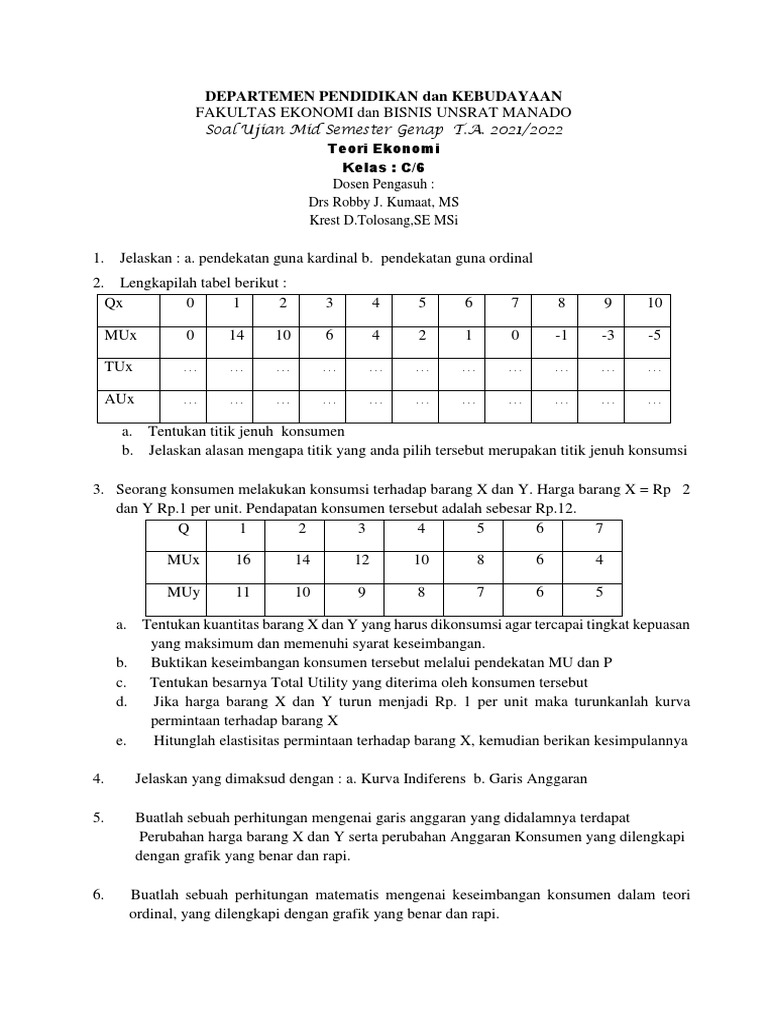 Departemen Pendidikan Dan Kebudayaan: Soal Ujian Mid Semester Genap T.A. 2021/2022 | PDF ...