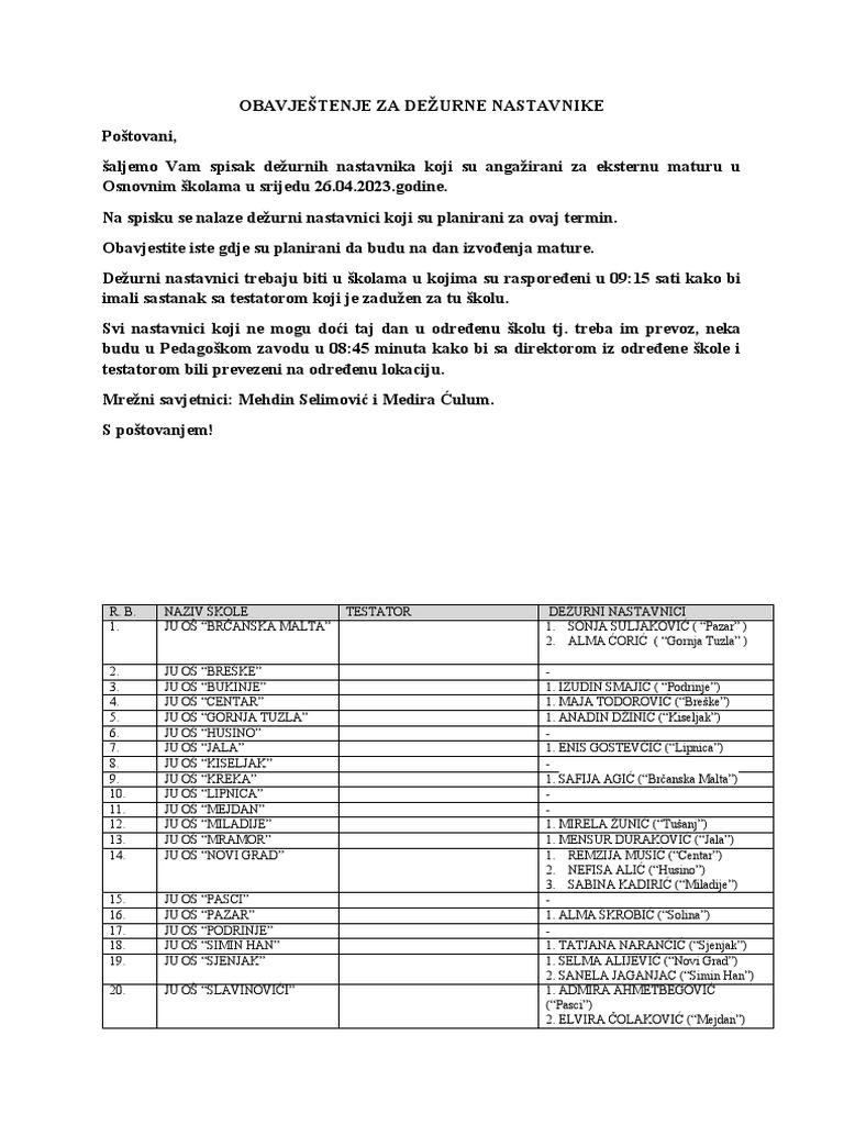 Obavještenje Za Dežurne Nastavnike | PDF