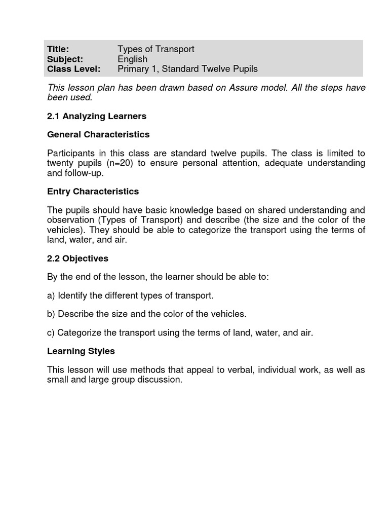 Types of Transport Lesson Plan | PDF | Teachers | Learning