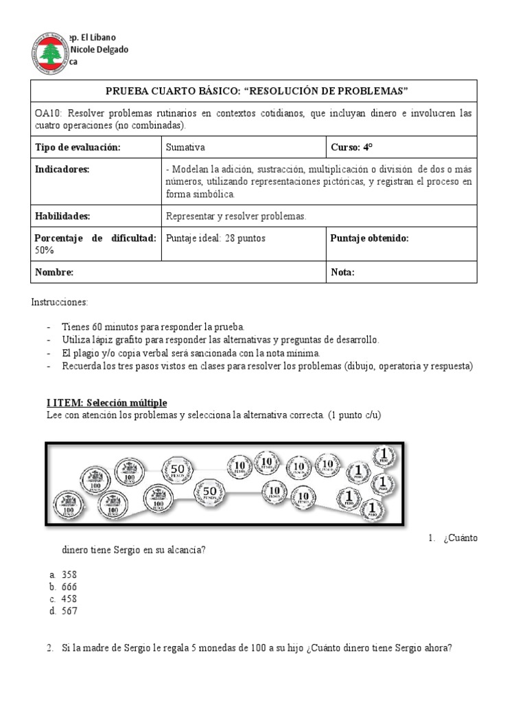 PRUEBA DINERO CUARTO - Matemática | PDF
