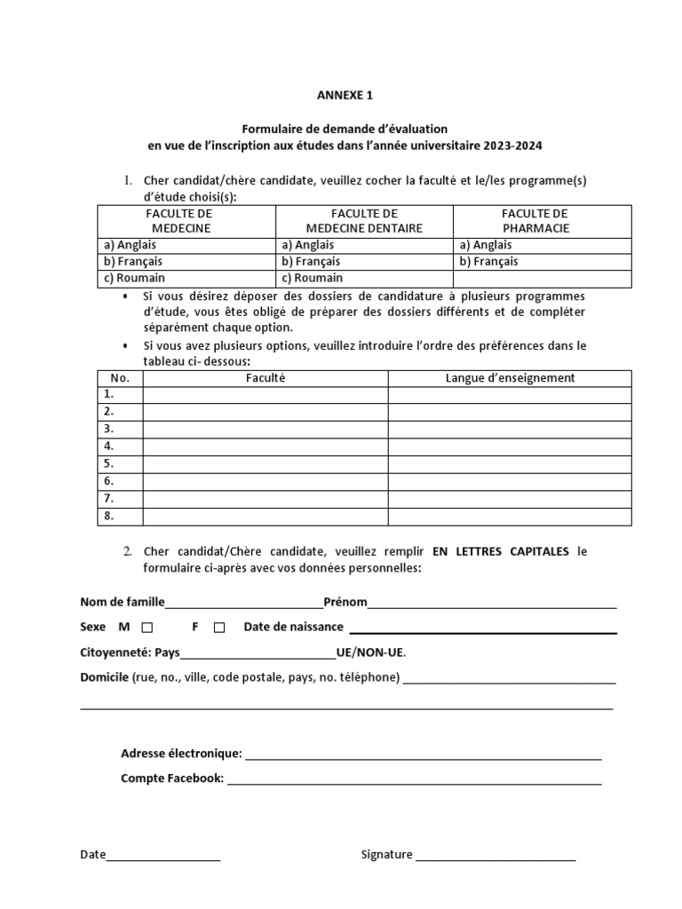Annexe 1 FR - Formulaire de Demande Devaluation en Vue de Ladmission 2023-2024 | PDF