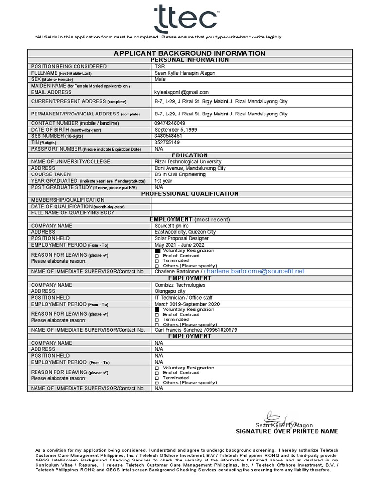 Applicant Info Sheet_Teletech | PDF | Business