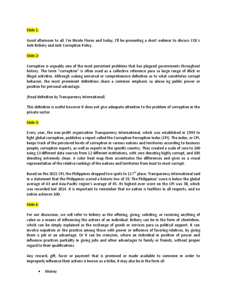 Anti-Bribery and Anti Corruption Policy Script | PDF | Bribery | Political Corruption