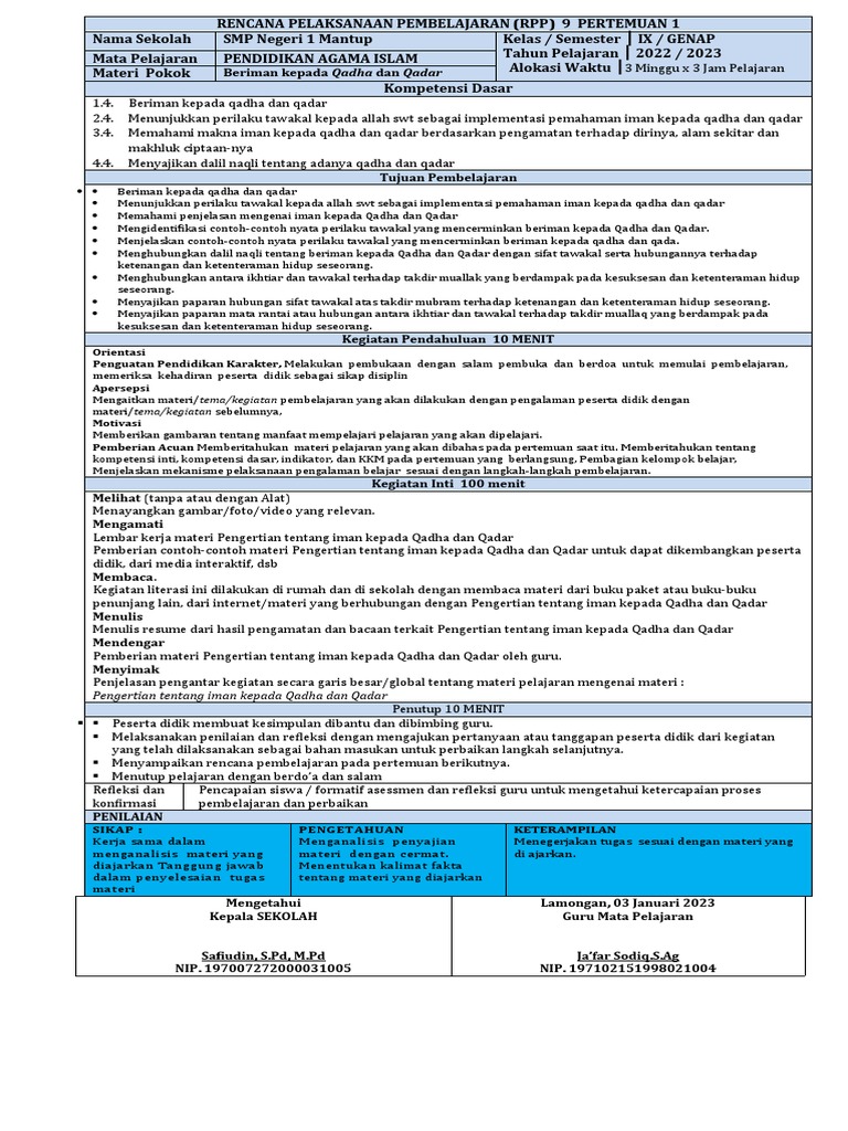 RPP 9 Iman Pada Qodho' Dan Qodar | PDF