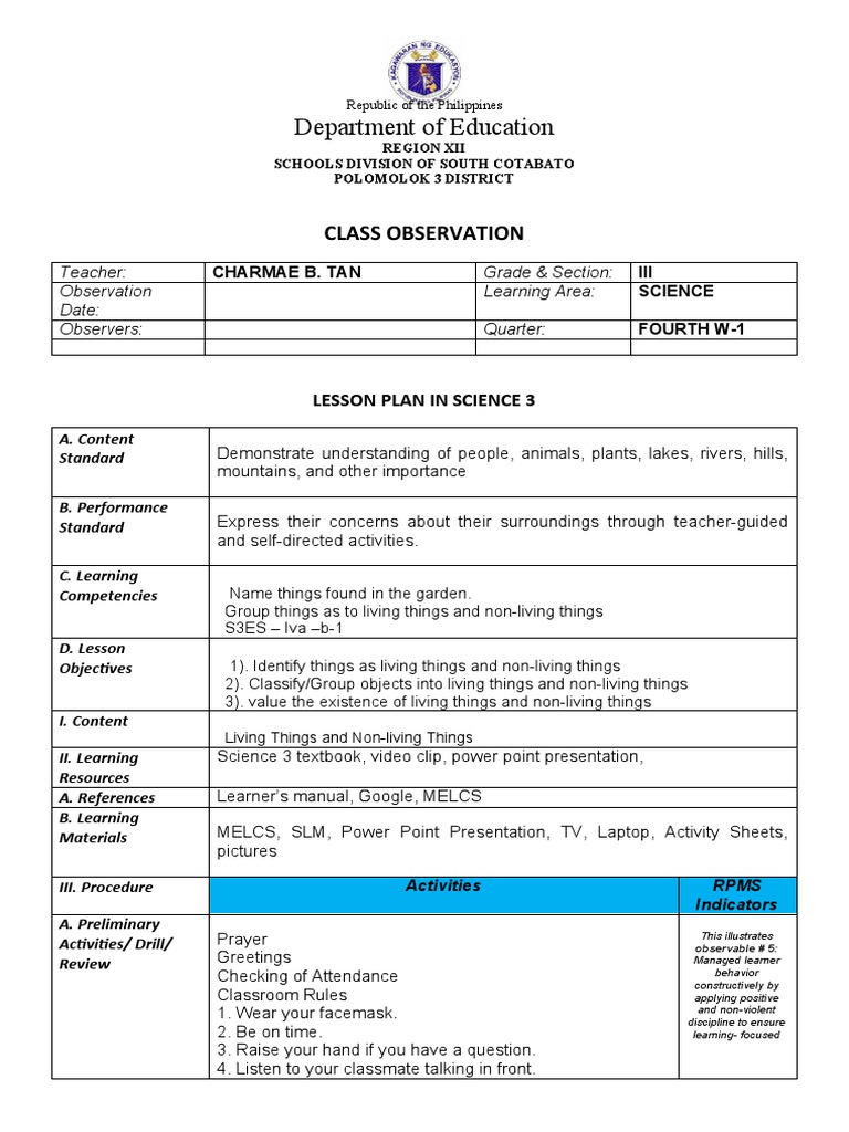Grade 3 Lesson Plan: Living vs Non-Living | PDF | Learning | Curriculum