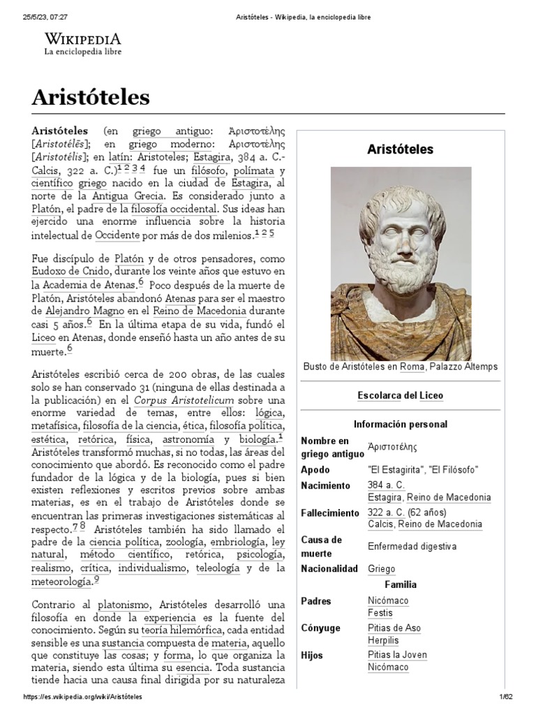 Aristóteles - Wikipedia, La Enciclopedia Libre | Descargar gratis PDF | Aristóteles | Teoría de ...