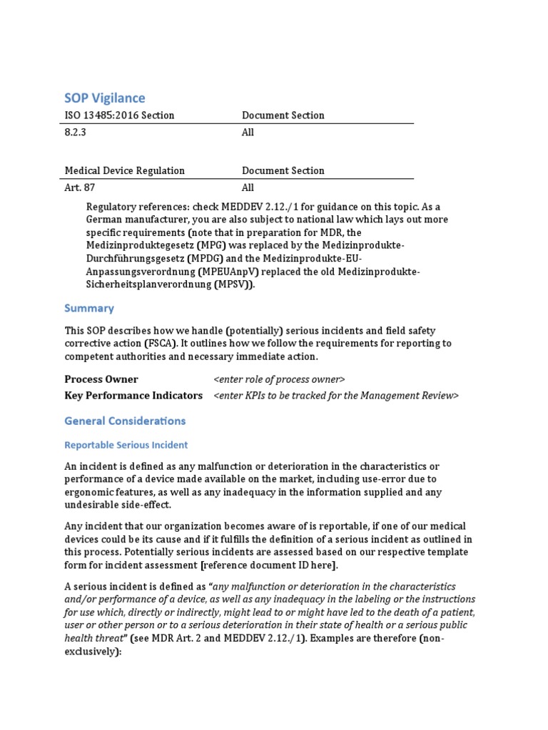 Sop Vigilance | PDF | Medical Device | Business