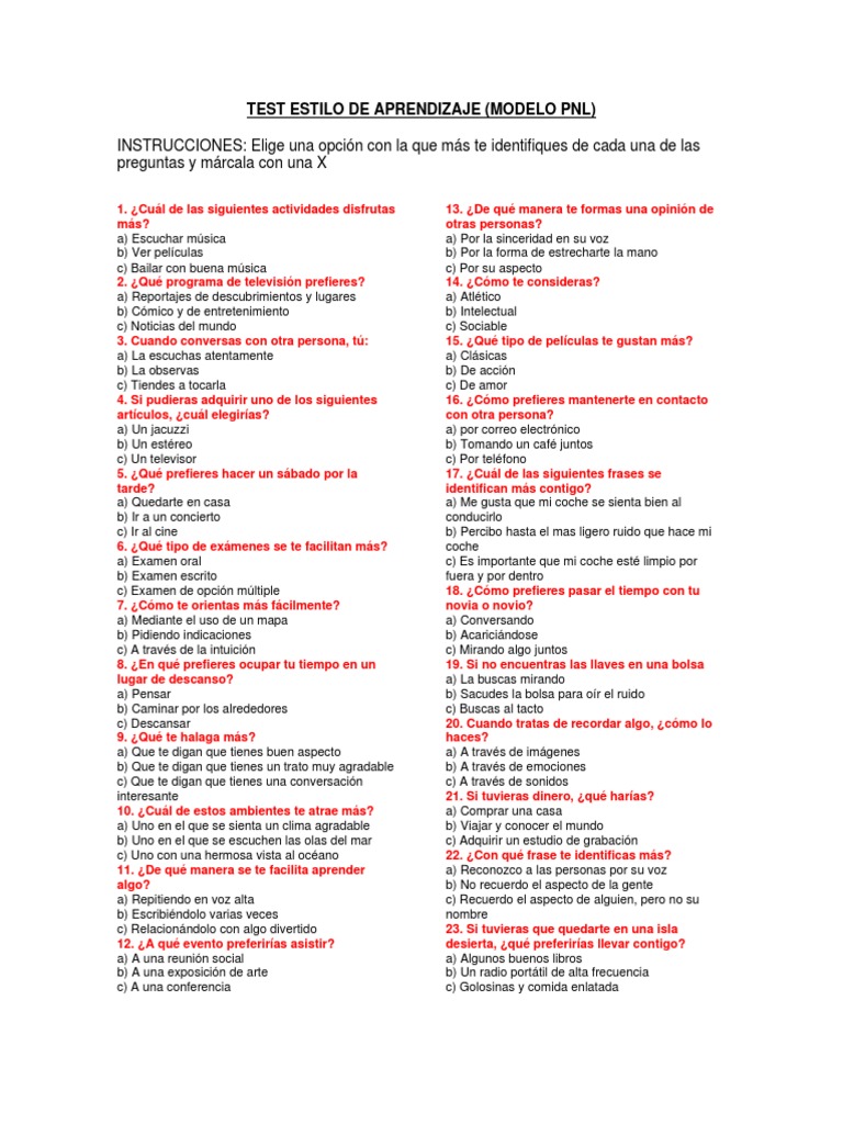 Test De Estilos De Aprendizaje Pnl Pdf