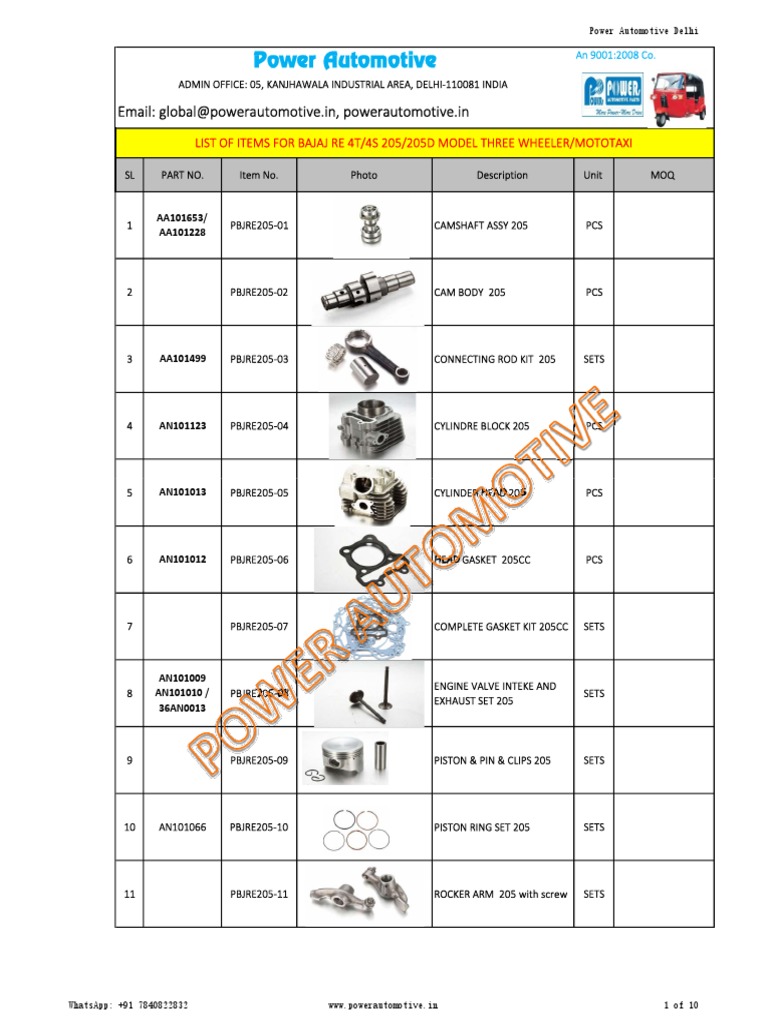 List Bajaj Re 205 205D Parts With Photo 2011-12 Model | PDF ...