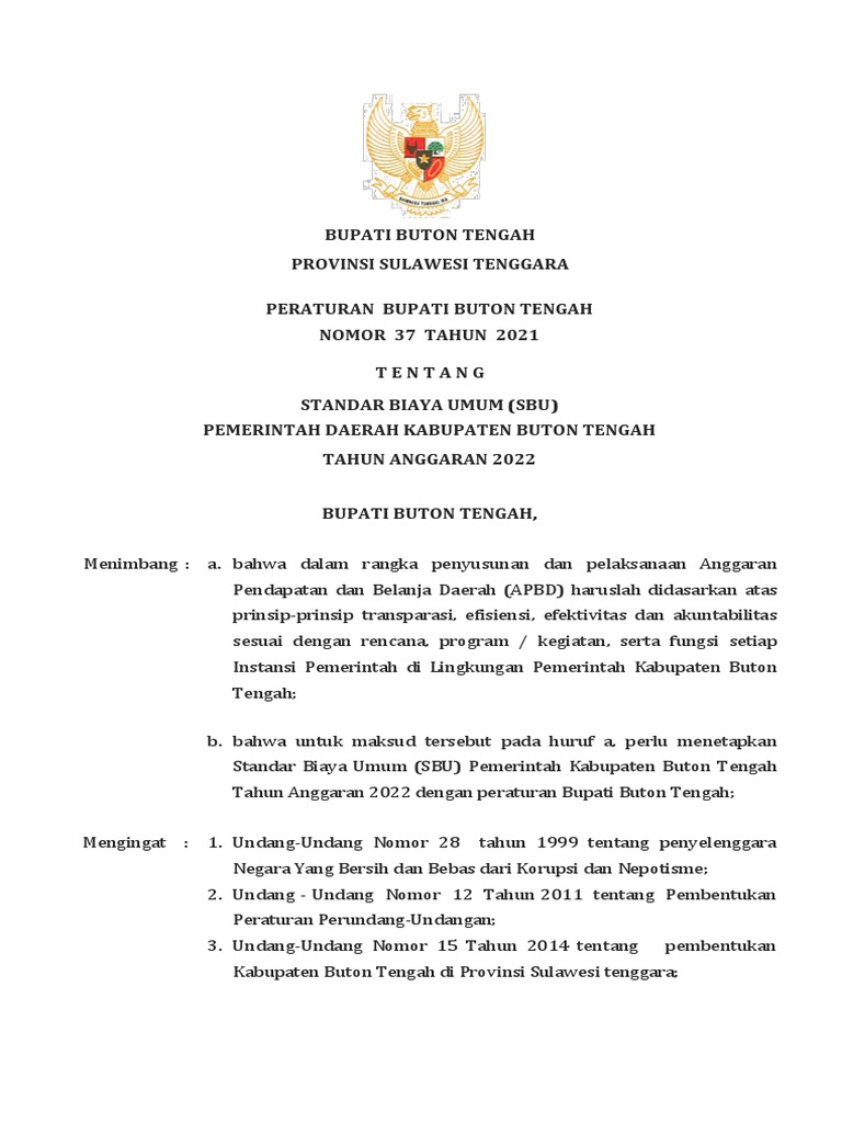 Perbup No 37 Tahun 2021 TTG SBU TA 2022 | PDF