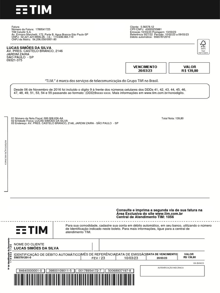 Fatura Tim | PDF | Brasil