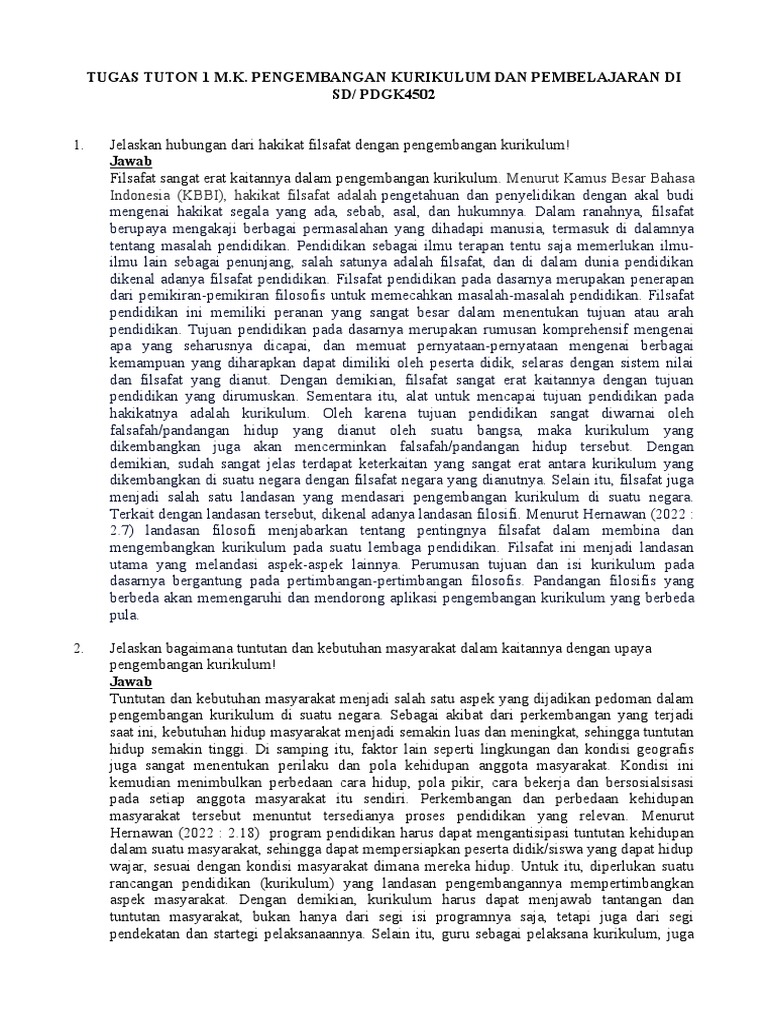 Tugas Diskusi Tuton 1 MK Peng. Kurikulum & Pemb. Di SD | PDF