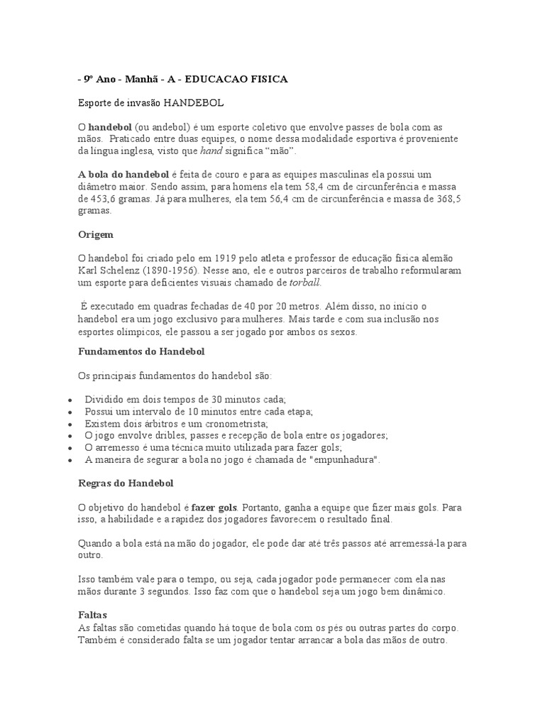 9º Ano FUNDAMENTOS HANDEBOL | PDF 9º Ano FUNDAMENTOS HANDEBOL | PDF