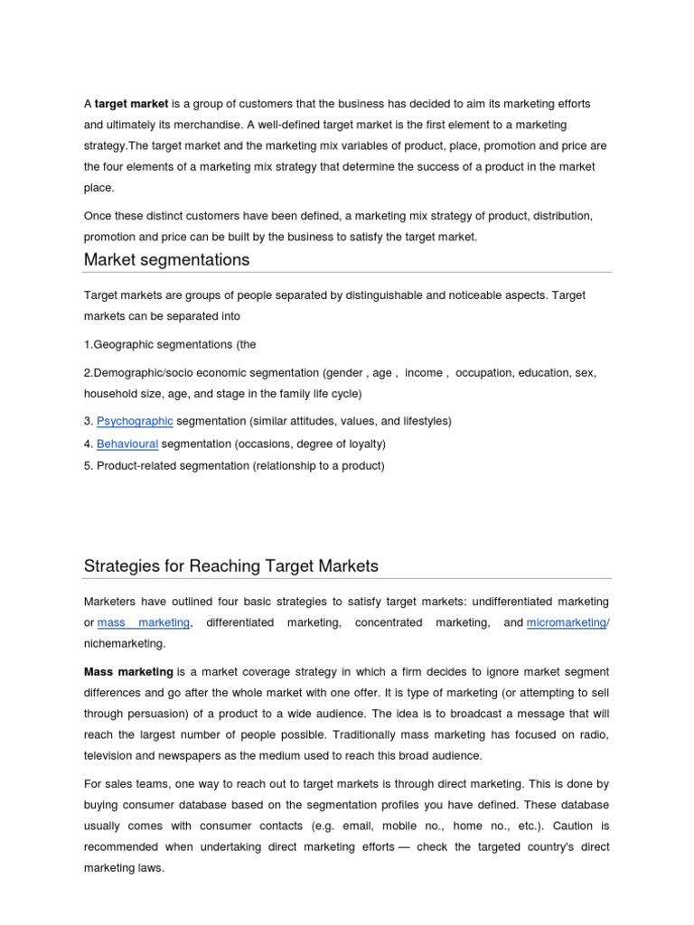 Target Market | PDF | Market Segmentation | Marketing