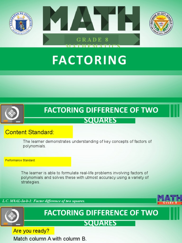 Factoring Difference of Two Squares | PDF | Education Theory | Mathematics