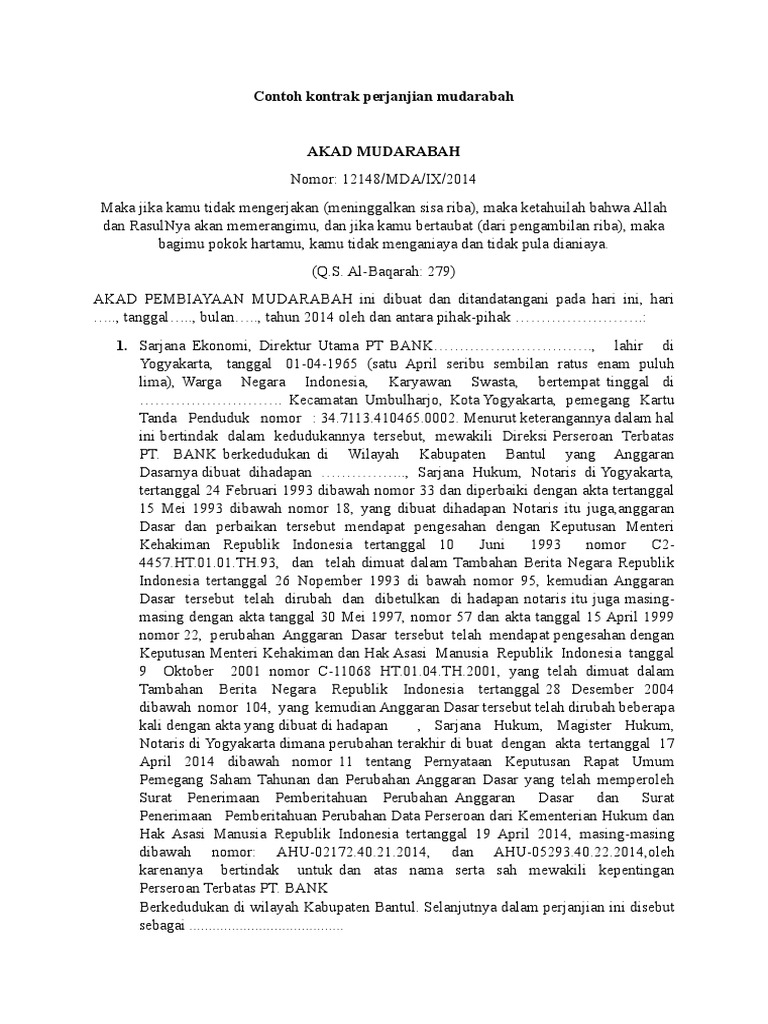 Contoh Kontrak Perjanjian Mudarabah | PDF