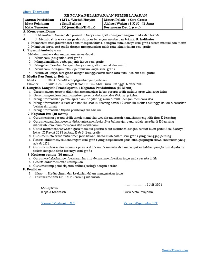 RPP 1 Lembar Seni Budaya Kelas 9 Semester 2 | PDF