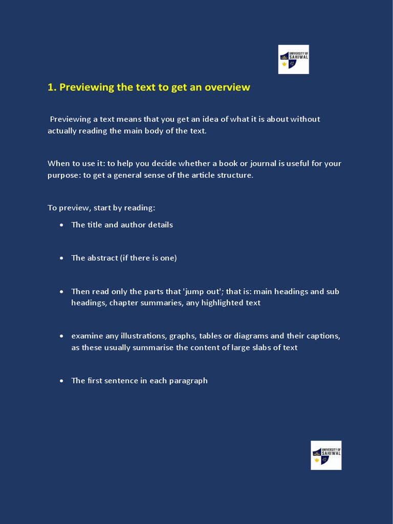 Previewing The Text To Get An Overview | PDF | Speed Reading | Writing