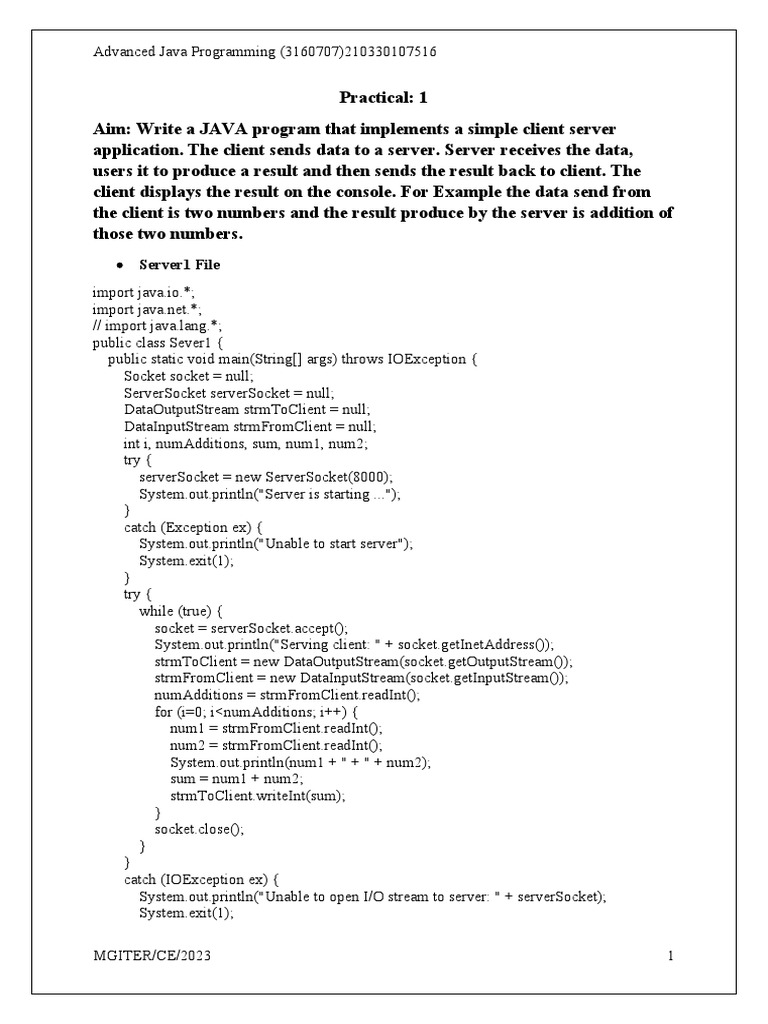 Ajp 210330107516 | PDF | Java (Programming Language) | Network Socket Ajp 210330107516 | PDF | Java (Programming Language) | Network Socket