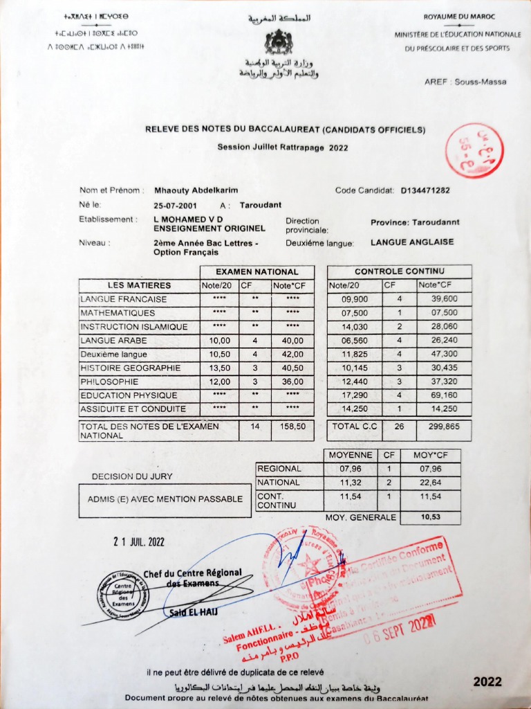 Relevé de Notes | PDF