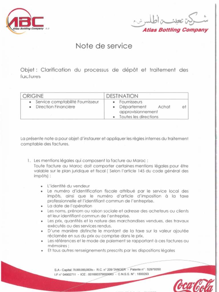 Note de Service Traitement Facture Fournisseur | PDF